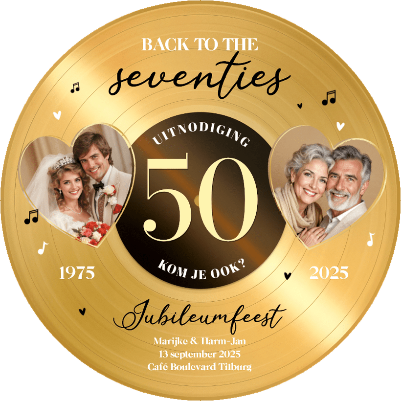 Ronde kaart jubileumfeest gouden plaat vinyl 50 | Kaartje2go
