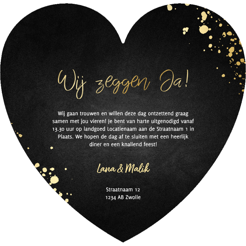 Stijlvolle hartvorm trouwkaart goud met | Kaartje2go