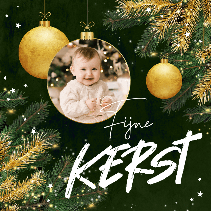 Stijlvolle kerstkaart kerstboom foto goud groen | Kaartje2go