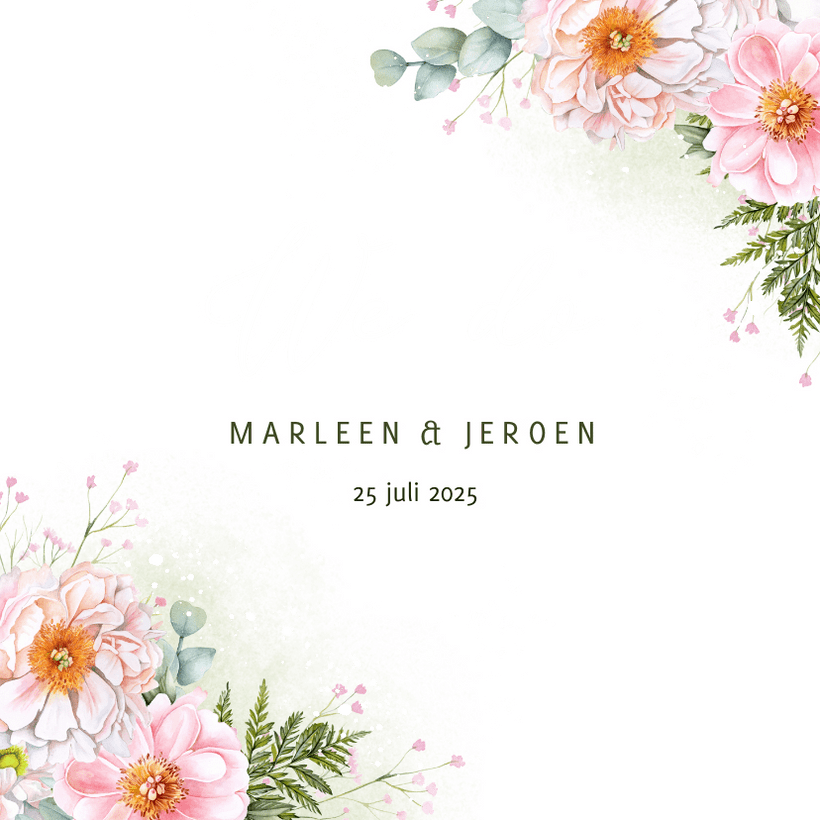 Trouwkaart botanische rozen met hart van goud | Kaartje2go