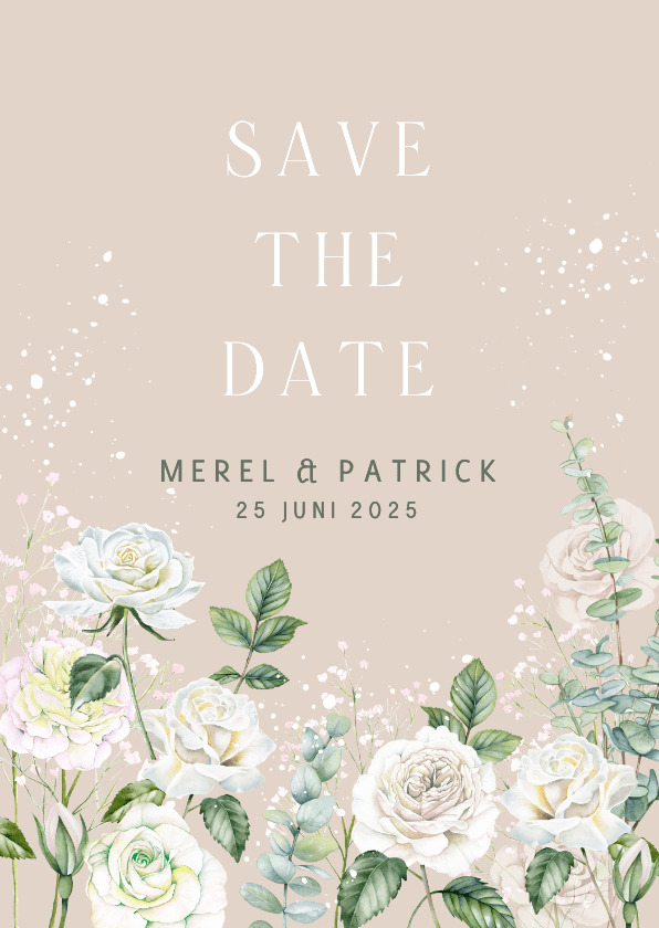 Trouwkaart save the date witte rozen met | Kaartje2go