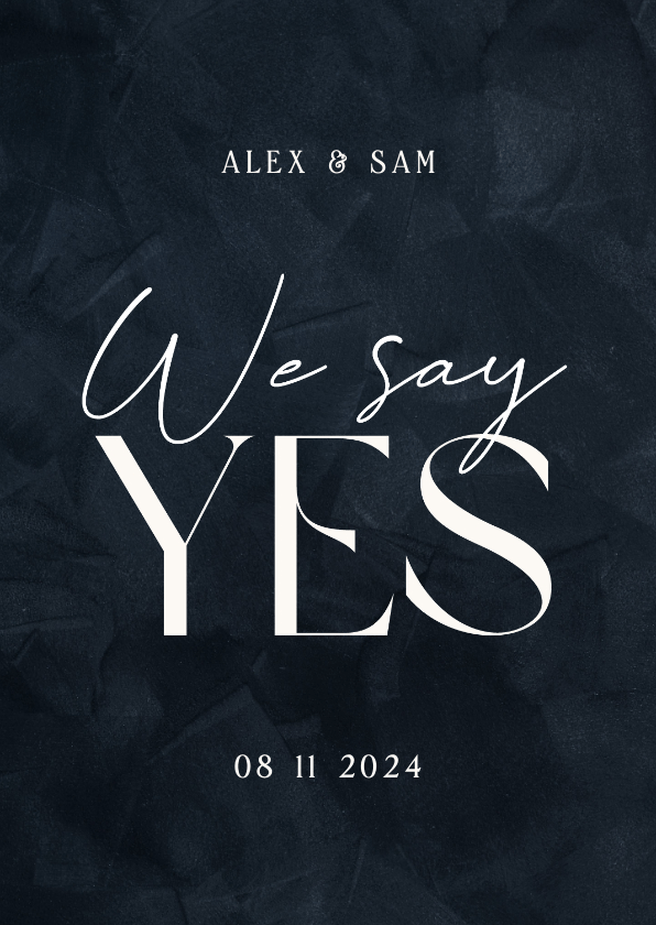 Trouwkaart'we say yes' donkerblauw met goud | Kaartje2go