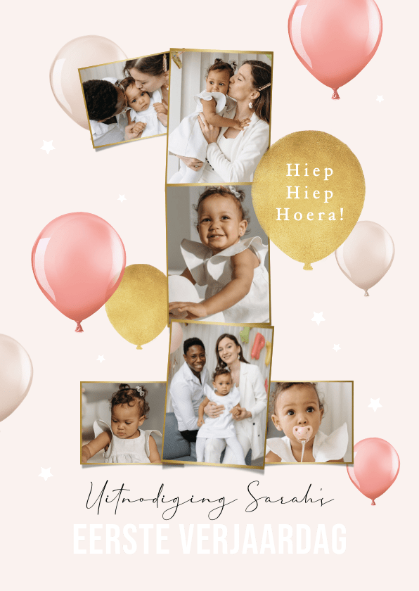 Uitnodiging eerste verjaardag fotocollage | Kaartje2go