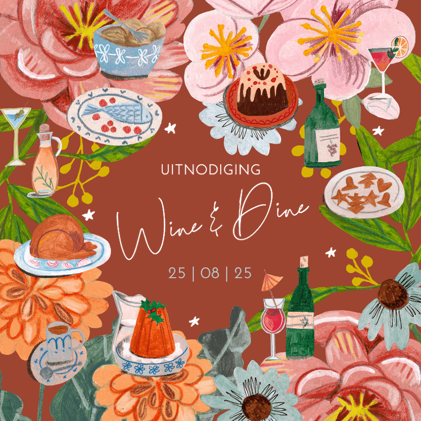 Uitnodiging etentje wine& dine met bloemen | Kaartje2go