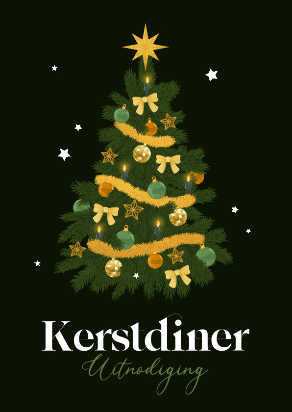Uitnodiging kerstdiner kerstboom groen goud | Kaartje2go
