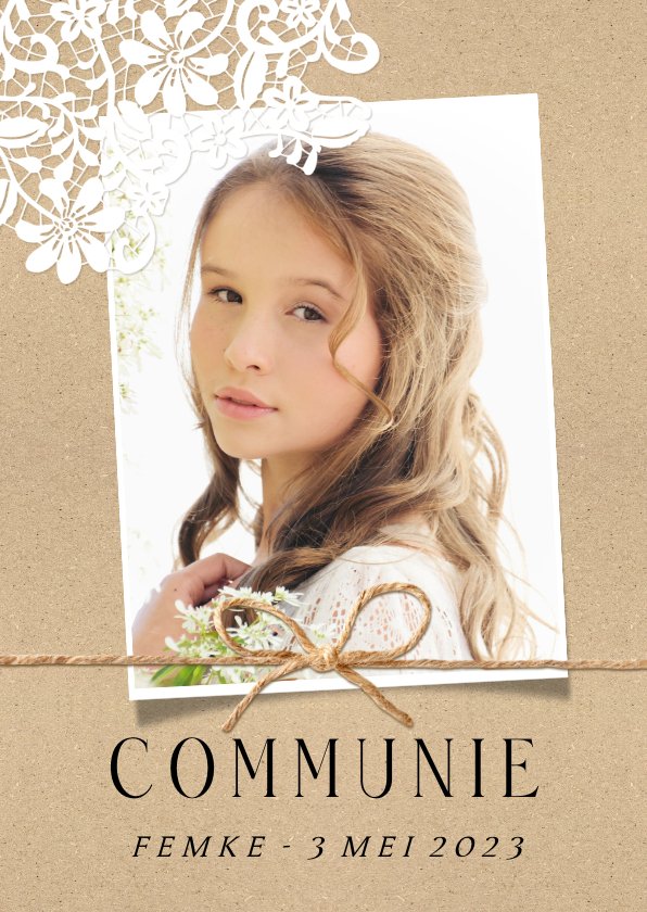 1ste Communie stijlvol vintage kraft met kant | Kaartje2go