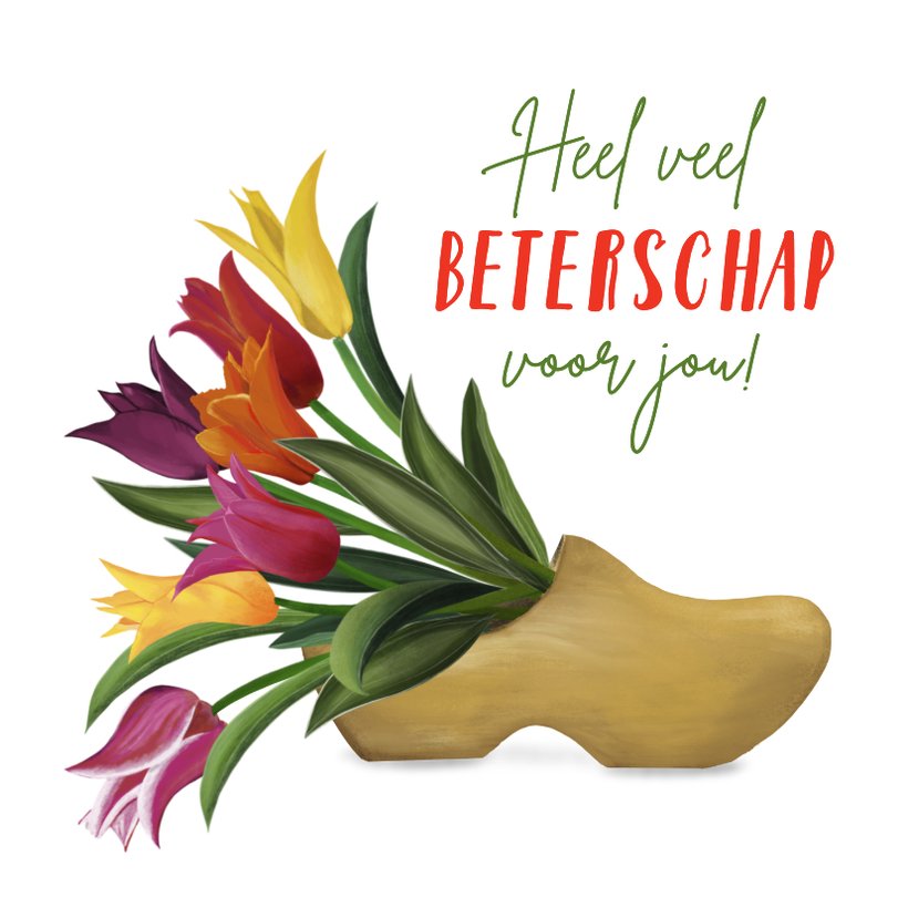 Beterschapskaart met klomp en tulpen | Kaartje2go