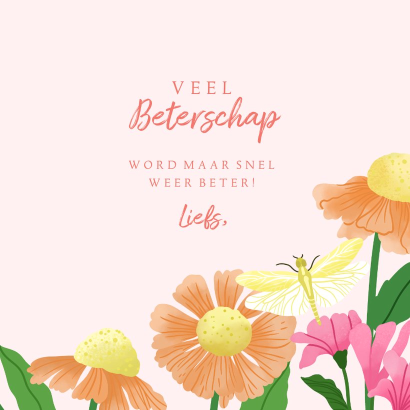 Beterschapskaart veel beterschap met bloemen en | Kaartje2go