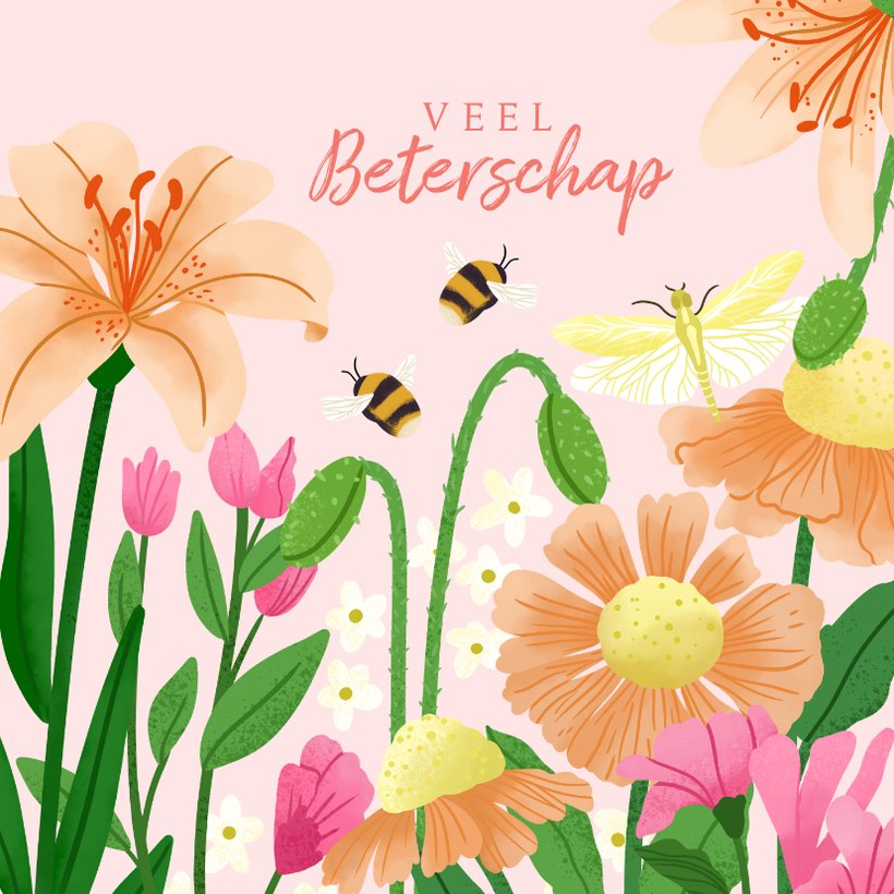 Beterschapskaart veel beterschap met bloemen en | Kaartje2go