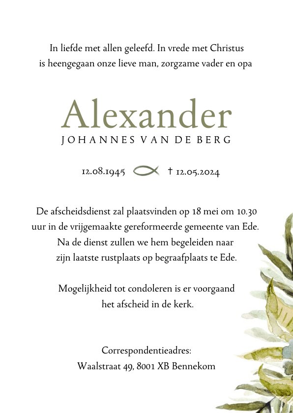 Christelijke rouwkaart met botanische bladeren | Kaartje2go