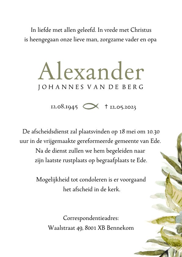 Christelijke rouwkaart met botanische bladeren | Kaartje2go