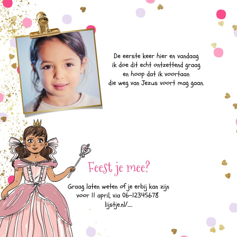 Communie uitnodiging prinses confetti gouden | Kaartje2go