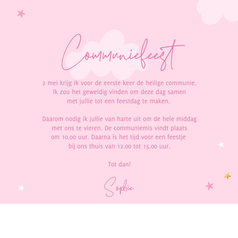 Communiefeest eenhoorn uitnodiging sterren roze | Kaartje2go