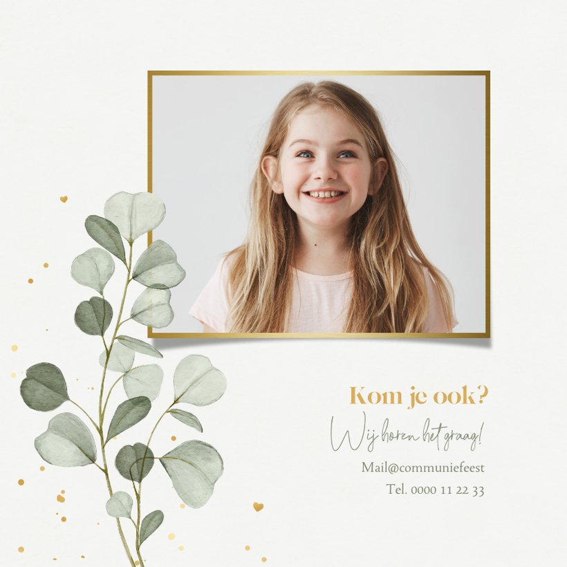 Communiefeest uitnodiging eucalyptus goud | Kaartje2go