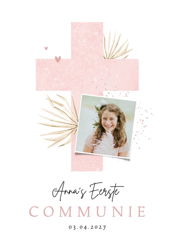 Communiefeest uitnodigingskaart kruis roze | Kaartje2go
