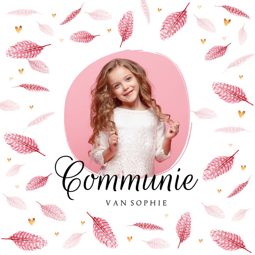 Communiefeest veertjes roze gouden hartjes foto | Kaartje2go