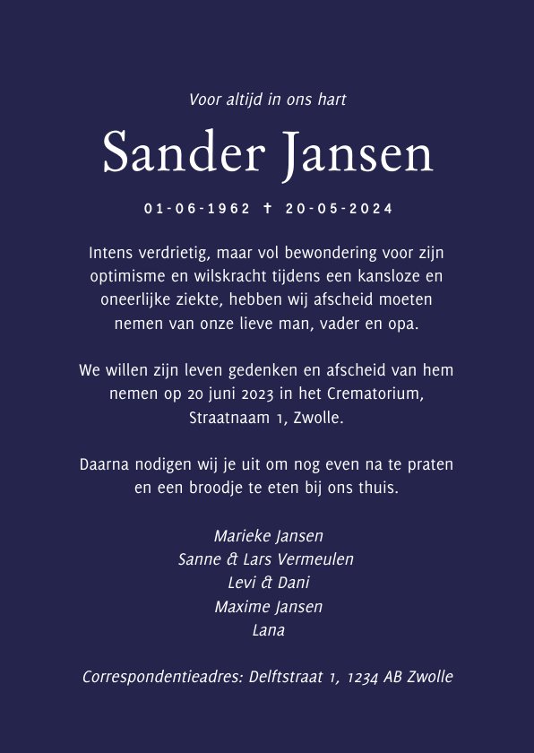 Donkerblauwe rouwkaart in minimalistische stijl | Kaartje2go