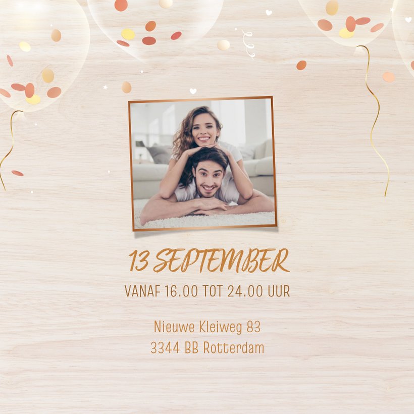 Dubbel feest houtlook uitnodiging met confetti | Kaartje2go