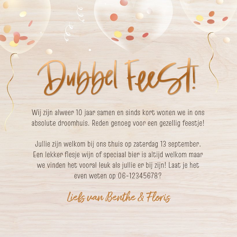 Dubbel feest houtlook uitnodiging met confetti | Kaartje2go