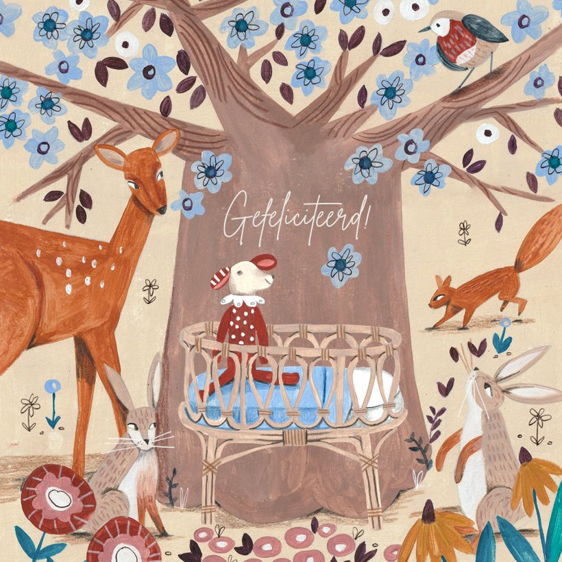 Felicitatie geboorte boom met dieren en bloemen | Kaartje2go