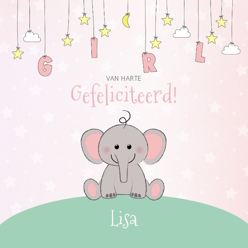 Felicitatie geboorte meisje schattig olifantje | Kaartje2go