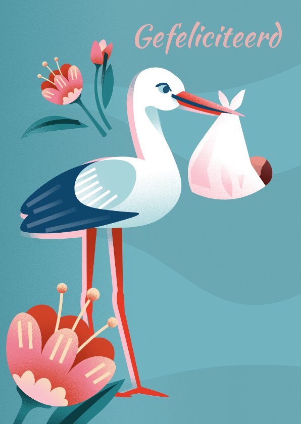 Felicitatie geboorte ooievaar met baby en | Kaartje2go