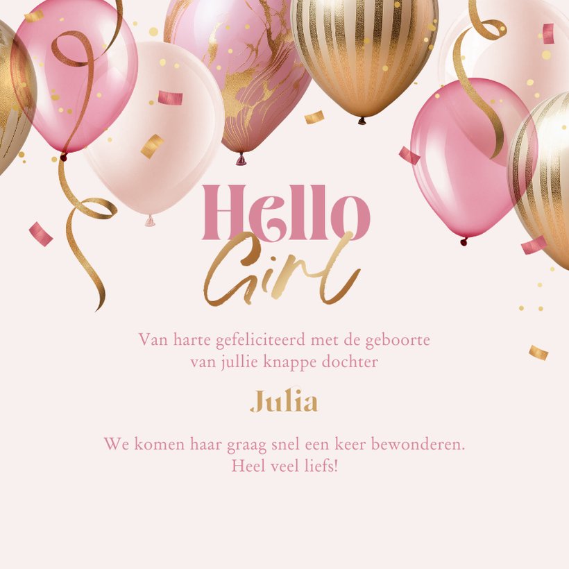Felicitatiekaart geboorte meisje girl ballonnen | Kaartje2go
