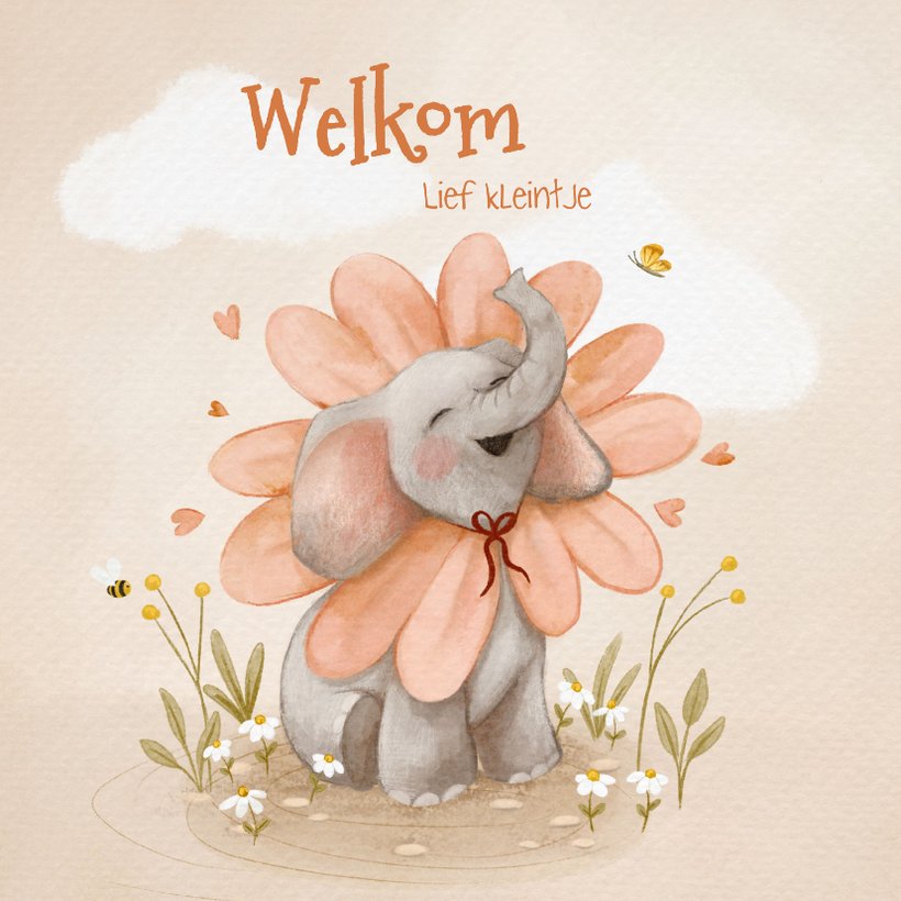 Felicitatiekaart geboorte meisje olifantje en | Kaartje2go
