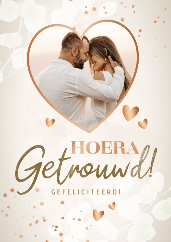 Felicitatiekaart getrouwd eucalyptus, hartjes | Kaartje2go