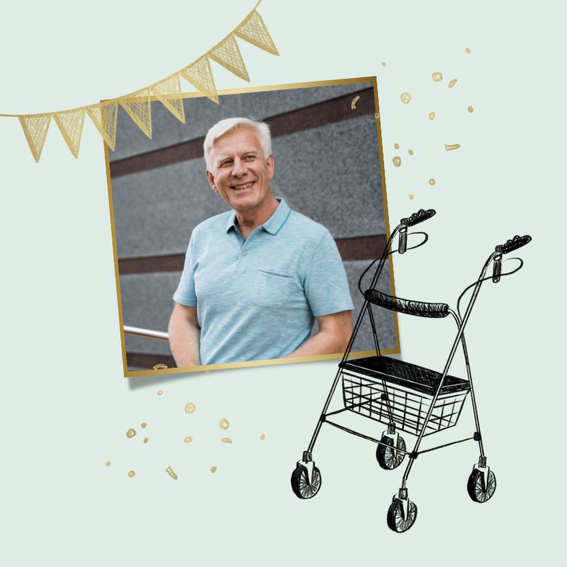 Felicitatiekaart grappig man pensioen rollator | Kaartje2go