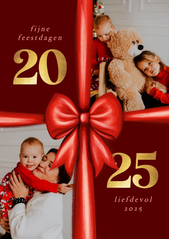 Fotocollage kerstkaart met rode strik en | Kaartje2go
