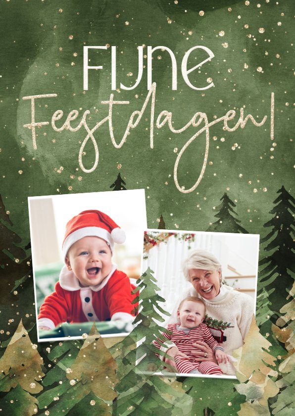 Fotokaart'Fijne Feestdagen' kerstbomen goud | Kaartje2go