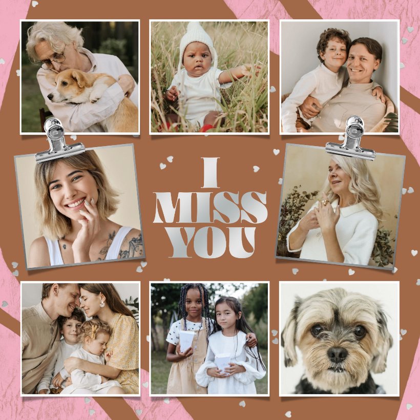 Fotokaart ik mis je fotocollage hartjes zilver | Kaartje2go