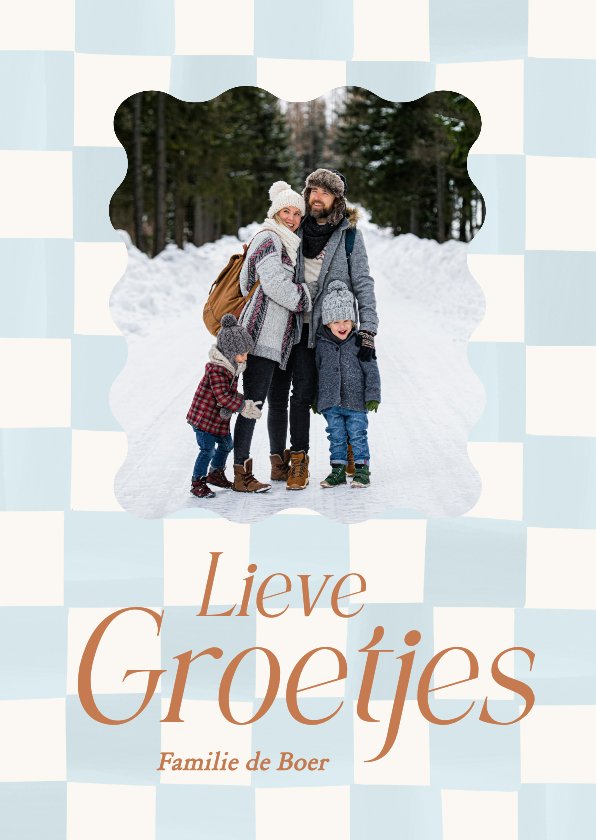 Geblokt fotokaartje lichtblauw groetjes winter | Kaartje2go