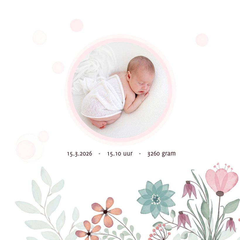 Geboortekaart bloemen en cirkel voor babyfoto | Kaartje2go