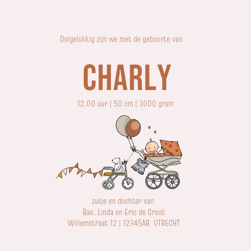 Geboortekaart VW bus oranje met broer en baby | Kaartje2go