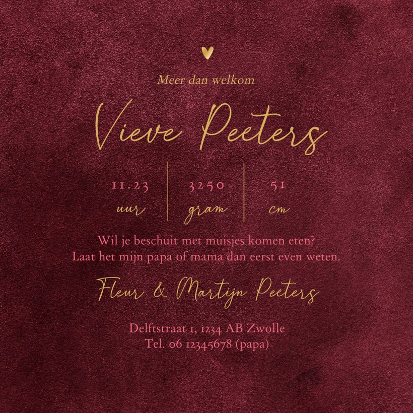 Geboortekaartje velvet look robijn rood hartje | Kaartje2go