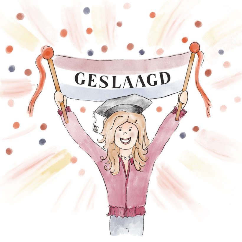 Geslaagd kaart meisje met spandoek en afstudeer | Kaartje2go