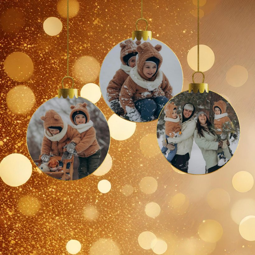 Gouden kerstkaartjes met foto in kerstbal vorm | Kaartje2go