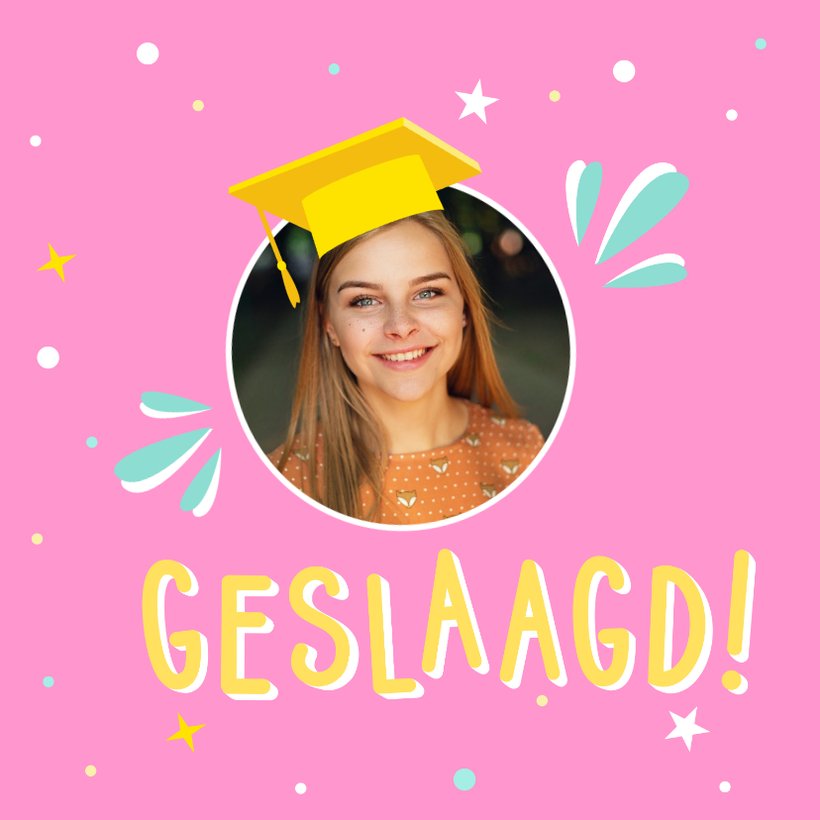 Hippe roze geslaagd kaart met naam er op | Kaartje2go