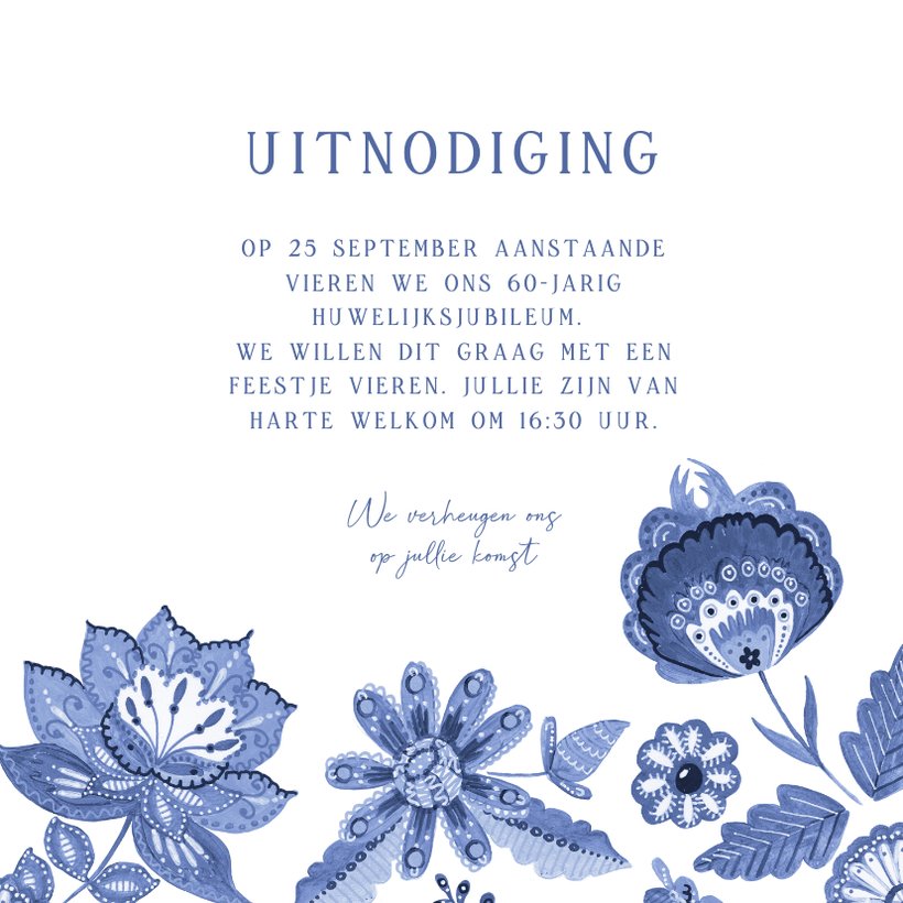 Jubileum uitnodiging bloemen Delfts blauw | Kaartje2go