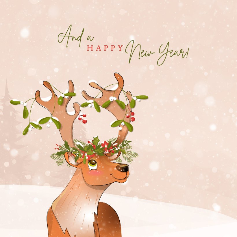Kerst rendier in sneeuw met maretakken gewei | Kaartje2go