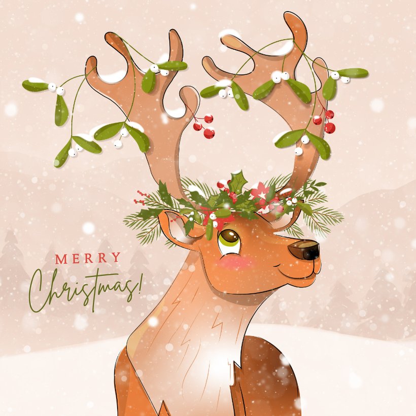 Kerst rendier in sneeuw met maretakken gewei | Kaartje2go