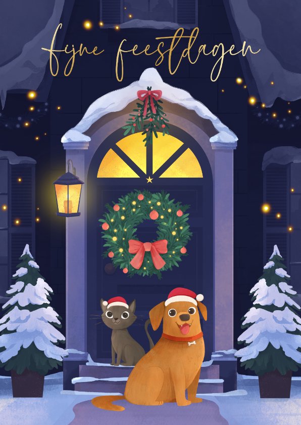 Kerstkaart dieren voordeur kersthuis krans | Kaartje2go
