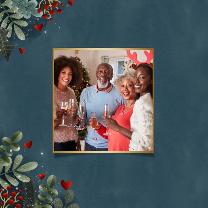 Kerstkaart met kerstkader, sneeuw, gouden warme | Kaartje2go