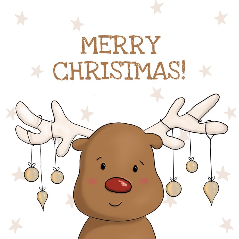 Kerstkaart met rendier en kerstballen | Kaartje2go