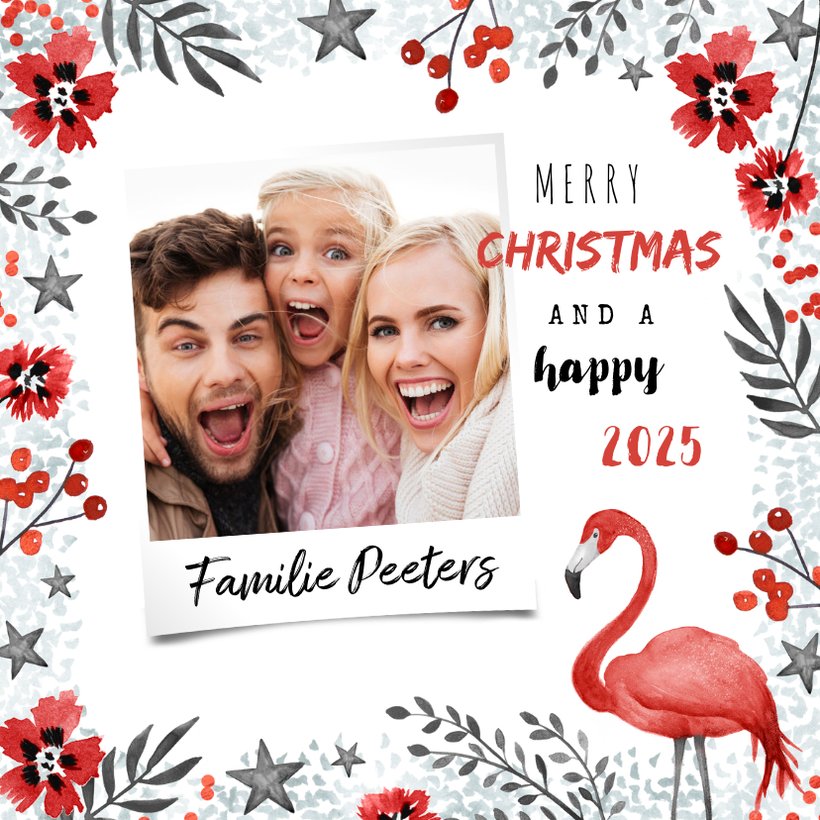 Kerstkaart trend flamingo rood winter bloemen | Kaartje2go