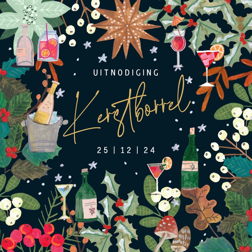 Kerstkaart uitnodiging kerstborrel botanisch | Kaartje2go