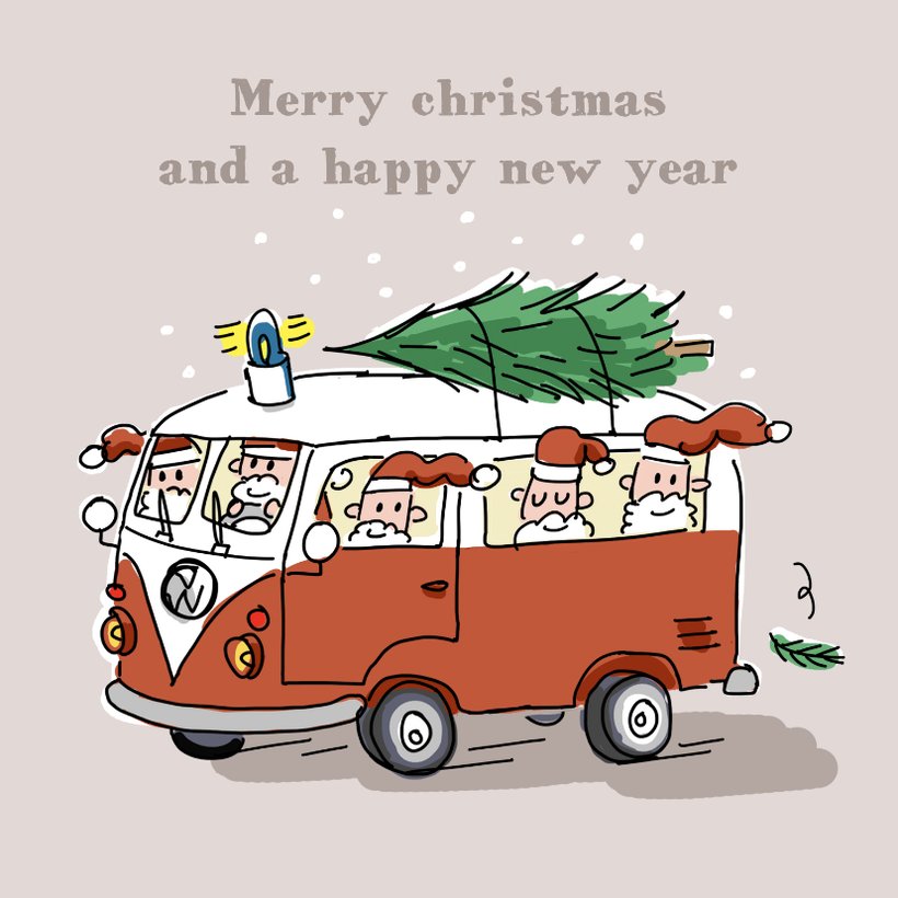 Kerstkaart vw busje met 5 kerstmannen en | Kaartje2go