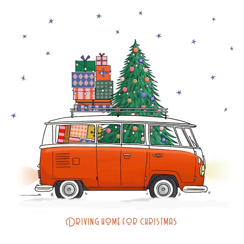 Kerstkaart vw busje rood met pakjes | Kaartje2go